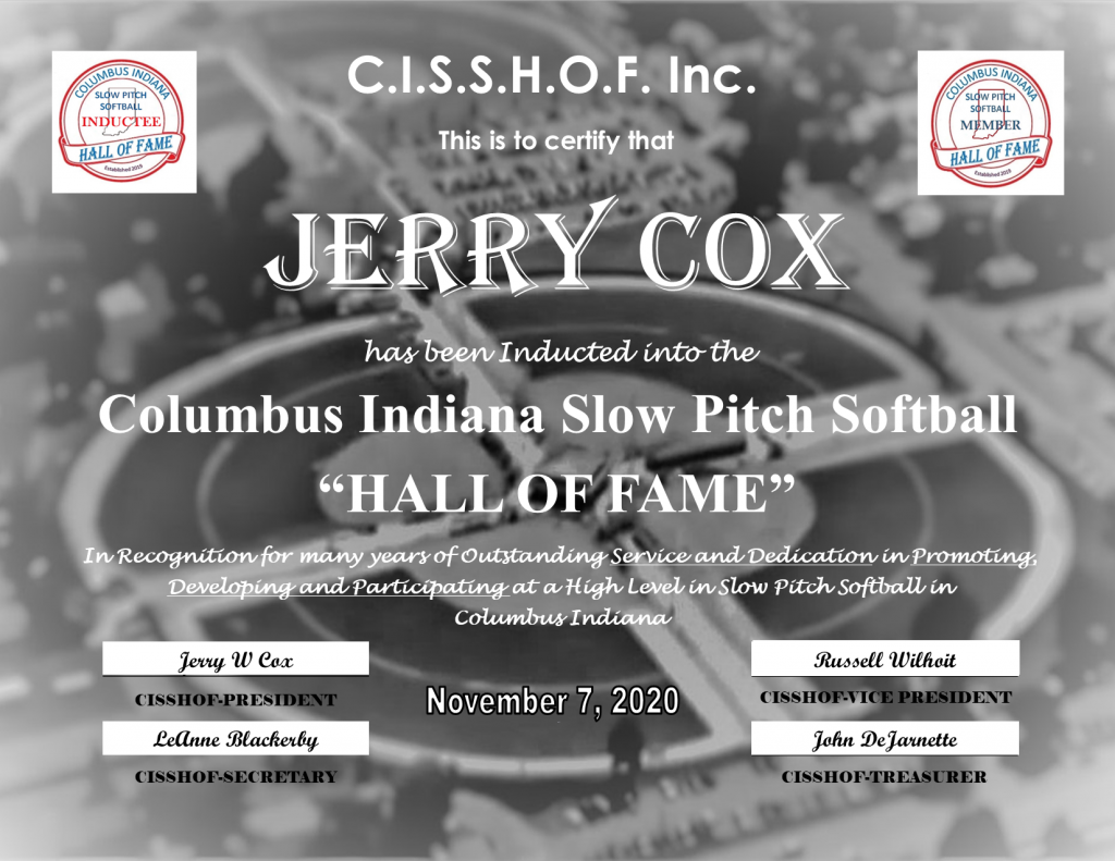 2020 Certificate 1 Jerry Cox - Columbus Indiana Slow Pitch Softball ...