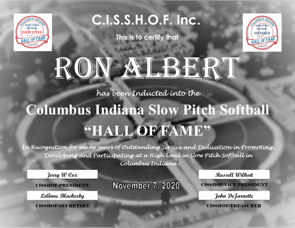 2020 Certificate 1 Ron Albert - Columbus Indiana Slow Pitch Softball ...