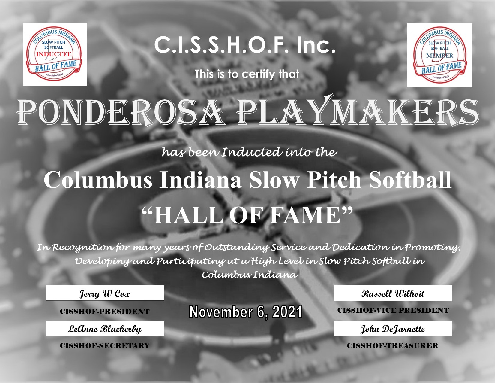 2021 Certificate 1 Ponderosa Playmakers - Columbus Indiana Slow Pitch ...