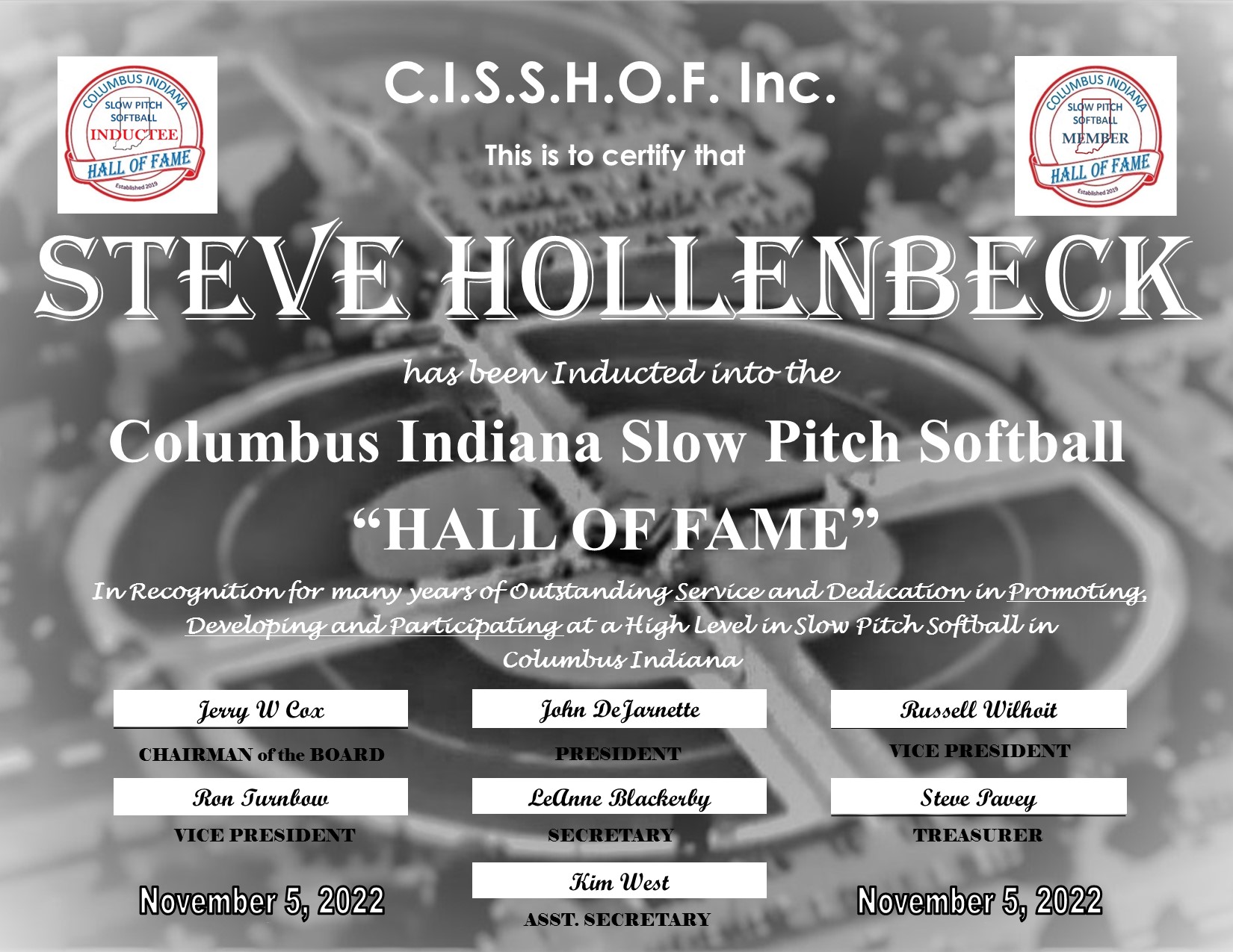 Steve Hollenbeck Certificate - Columbus Indiana Slow Pitch Softball ...